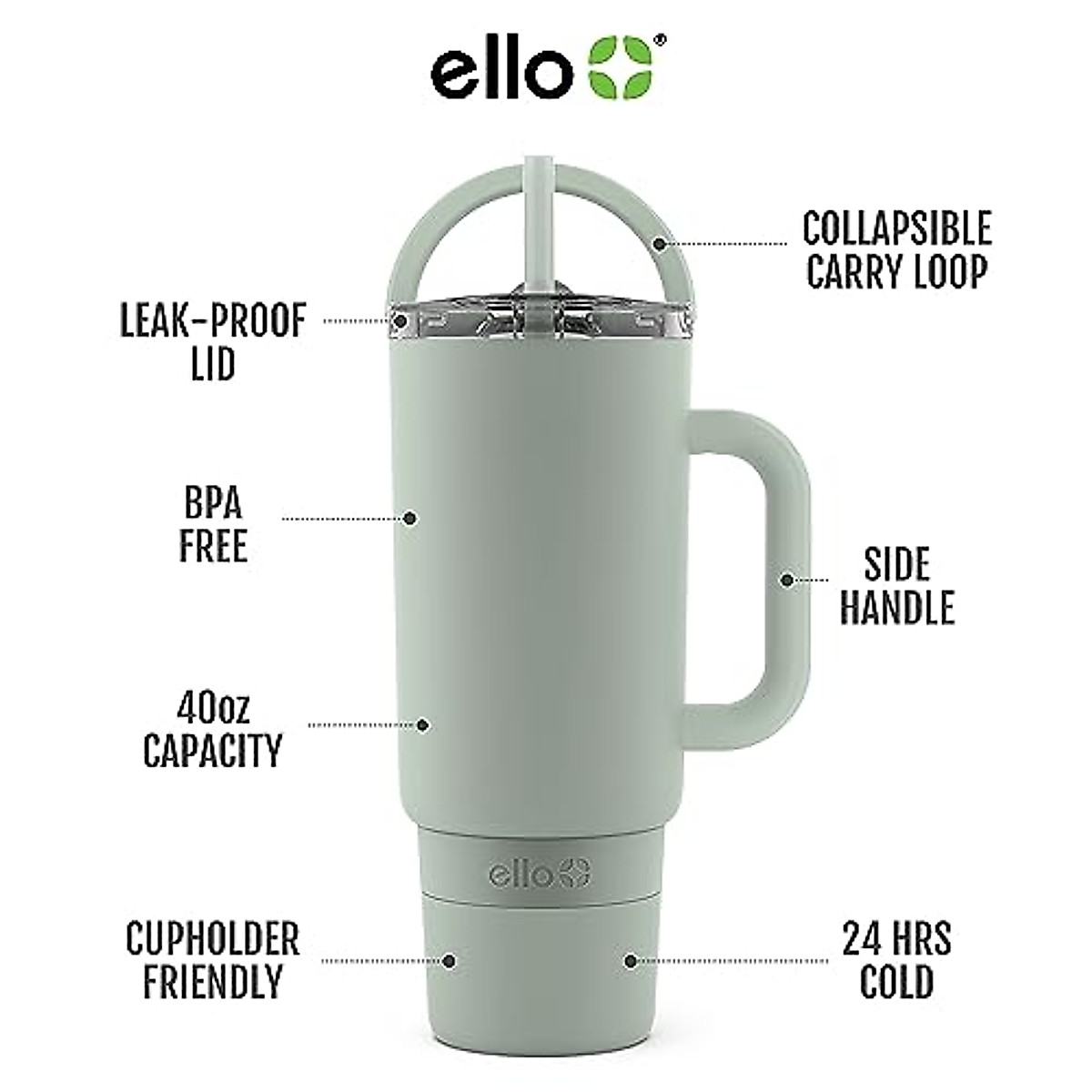 Ello Port 40oz Tumbler with Carry Loop & Integrated Handle, Vacuum Insulated Stainless Steel Reusable Water Bottle, Travel Mug with Leak Proof Lid & Straw, Perfect for Iced Coffee & Tea, Sage
