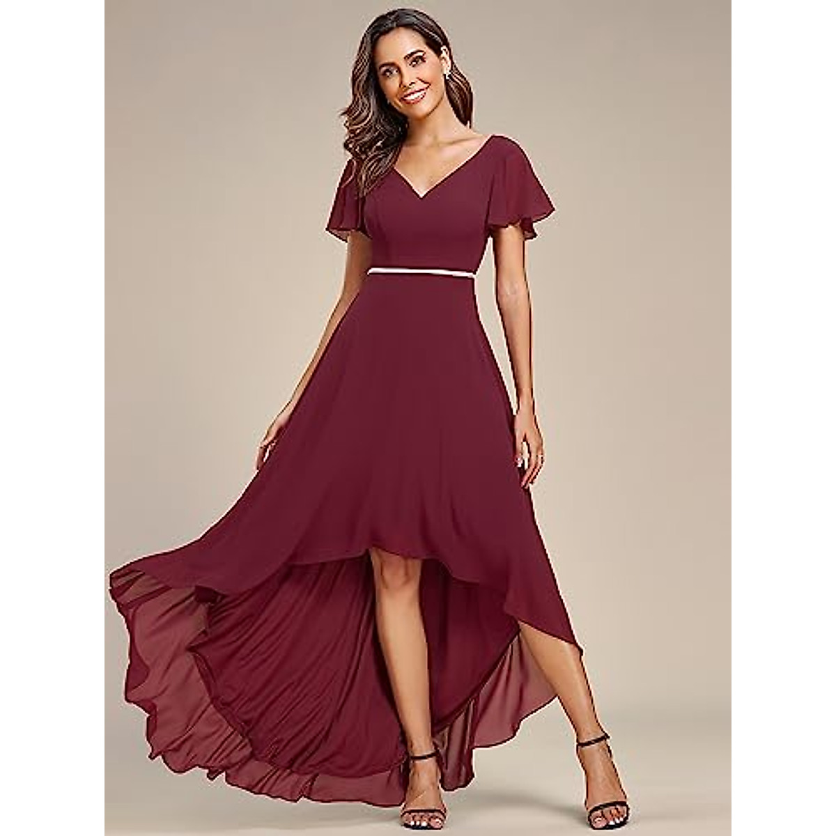 Ever-Pretty Women's Elegant V Neck Ruffle Sleeve Lotus Leaf High Low Summer Chiffon Evening Gown Burgundy US6