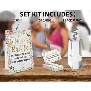 Diaper Raffle Cards with Sign(Sign 8x10 Inch), Leafy Floral Theme Baby Shower Games, Baby Showers Decorations -1 Standing Sign + 50 Guessing Cards(raffle16)