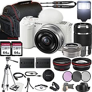 Sony ZV-E10 Mirrorless Camera (White) w/E PZ 16-50mm f/3.5-5.6 OSS Lens + E 55-210mm f/4.5-6.3 OSS Lens + 2X 64GB Memory + Case + Filters + Tripod & More (35pc Bundle)