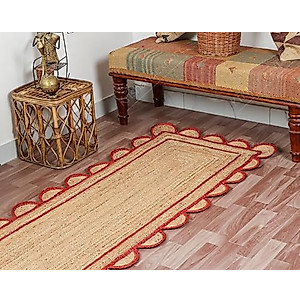 2x3, 2x4, 2x5, 2x6 Ft, Braided Scalloped Jute Rug, Red Scallop Rug, Boho Rug, Natural Jute Rug, Bohemian Rug, Jute Area Rug, Handwoven Jute Rug, Custom Size Rug (2x3 Ft, Area Rug)