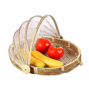 Food Bamboo Food Serving Tent Basket Hand-Woven Basket Serving Dustproof Round Picnic Basket Vegetable Fruits Bread Food Home Food Storage Basket with Mesh Gauze Cover Container