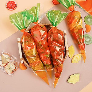 VEIREN 100 Pieces Cone Candy Bags Creative Carrot Shape Treat Bag with Twist Ties Cellophane Goody Cookies DIY Translucent Gift Storage Packaging Bag for Holiday Birthday Wedding Party Decor