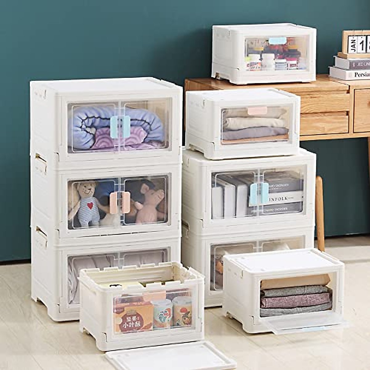 Radefasun Foldable Storage Bins with Lid and Clear Door and Weels Plastic Collapsible Storage Box Portable Stackable Grocery Toys Books Container Folding Storage Crate for Home or Car Trunk