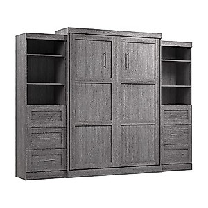 Bestar Pur Queen Murphy 2 Shelving Units with Drawers, 115-inch Space-Saving Wall Bed, Bark Grey
