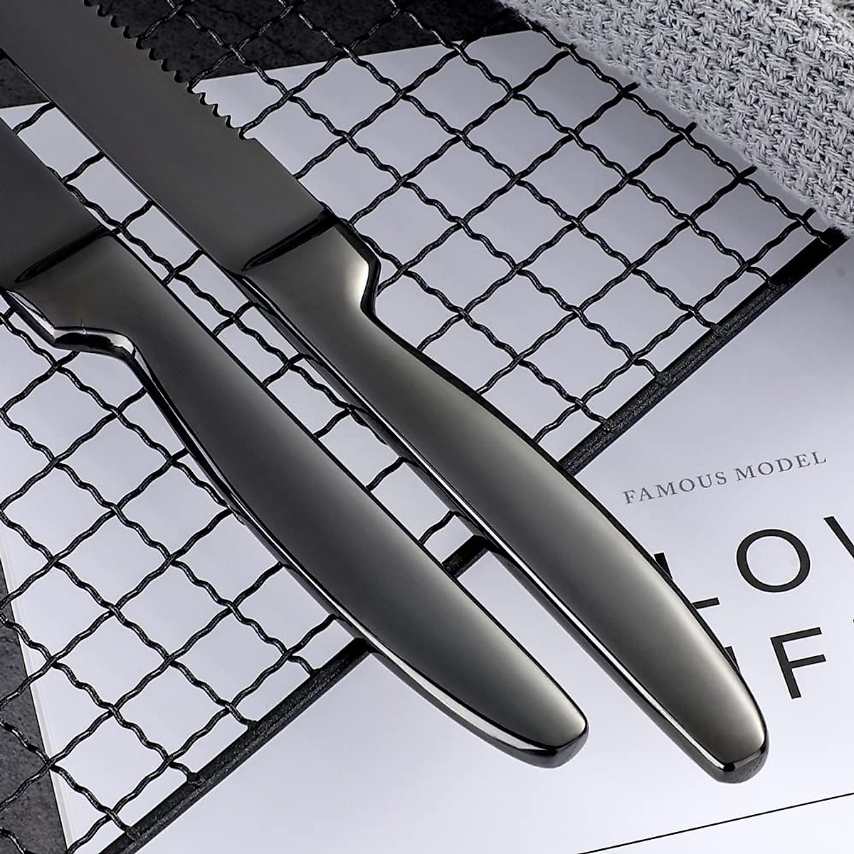 BYEGOU Black Steak Knife Sets, 6-Pieces Stainless Steel Kitchen Steak Knives-Easy to Clean and Non-Stick, 8.6 Inch, Dishwasher Safe
