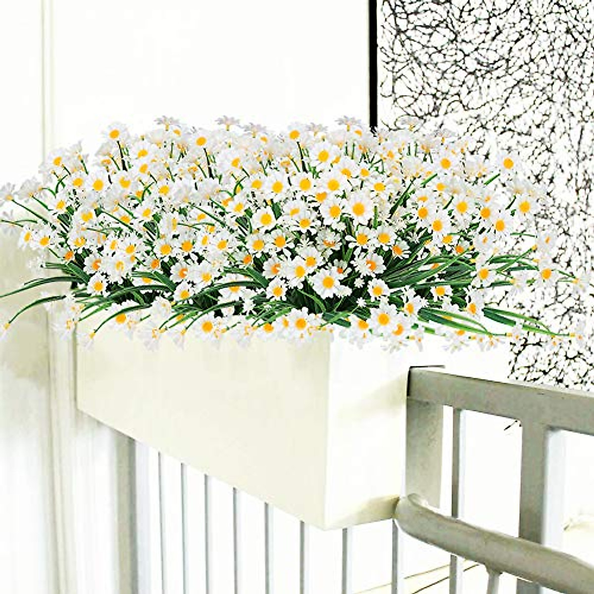 TEMCHY Artificial Daisies Flowers Outdoor UV Resistant 4 Bundles Fake Foliage Greenery Faux Plants Shrubs Plastic Bushes for Window Box Hanging Planter Farmhouse Indoor Outside Decor(White)