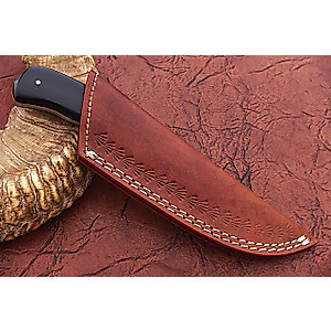 HUNTEX Handmade Hand-Forged Ladder Pattern Damascus Steel 8 Inch Long Full Tang Natural Buffalo Horn Handle Razor Sharp Hunting Camping Gut Hook Knife w/Genuine Leather Pouch
