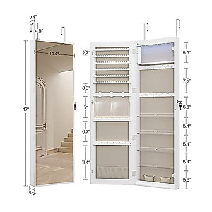 Hzuaneri 8 LEDs Mirror Jewelry Cabinet, 47.2-inch Jewelry Armoire Organizer, Wall/Door Mount Lockable Storage Cabinet with 6 Earrings Shelves, 2 Makeup Pockets, White and Beige JC12003BE
