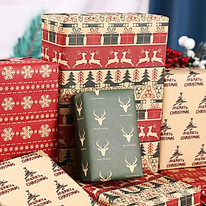 PlandRichW Christmas Wrapping Paper 12 Sheets of Folded Brown Kraft Paper with Red and Green, Greetings, Snowflakes, Reindeer, Christmas Tree Elements Series, 20 X 29 Inches Each