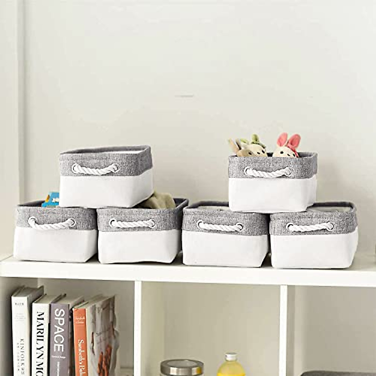 Basket for Organizing Cube Stgorage Bin - Small 6 Pack Fabric Storage Cubes Collapsible Baskets for Shelves with Rope, Bins for Organization Closet Cloth Toy Laundry Canvas (Grey&White 12x8x5.2 inch)