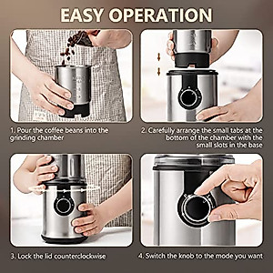 Electric Coffee Grinder with 1 Removable Cup, Adjustable Coffee Bean Grinder for Beans, Spice, Herb, Nut, Flax Seed, 300W Powerful Electric Spice Grinder with Non-Slip Feet, Clear Lid, Stainless Steel