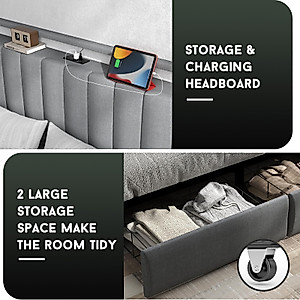 Anyhave Queen Bed Frame with 2 Storage Drawers and Luxury Wingback Upholstered Button Tufted Storage Headboard,Charging Station,Storage Headboard & LED Lights,Remote Control/Noise-Free-Dark Gray