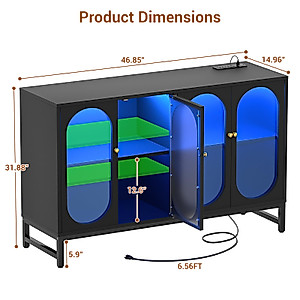 Aheaplus Sideboard Buffet Cabinet with Power Outlet, Kitchen Sideboard Storage Cabinet with LED Light, 4 Doors, Modern Accent Cabinet Coffee Bar Cabinet Console Table for Kitchen Dining Room, Black