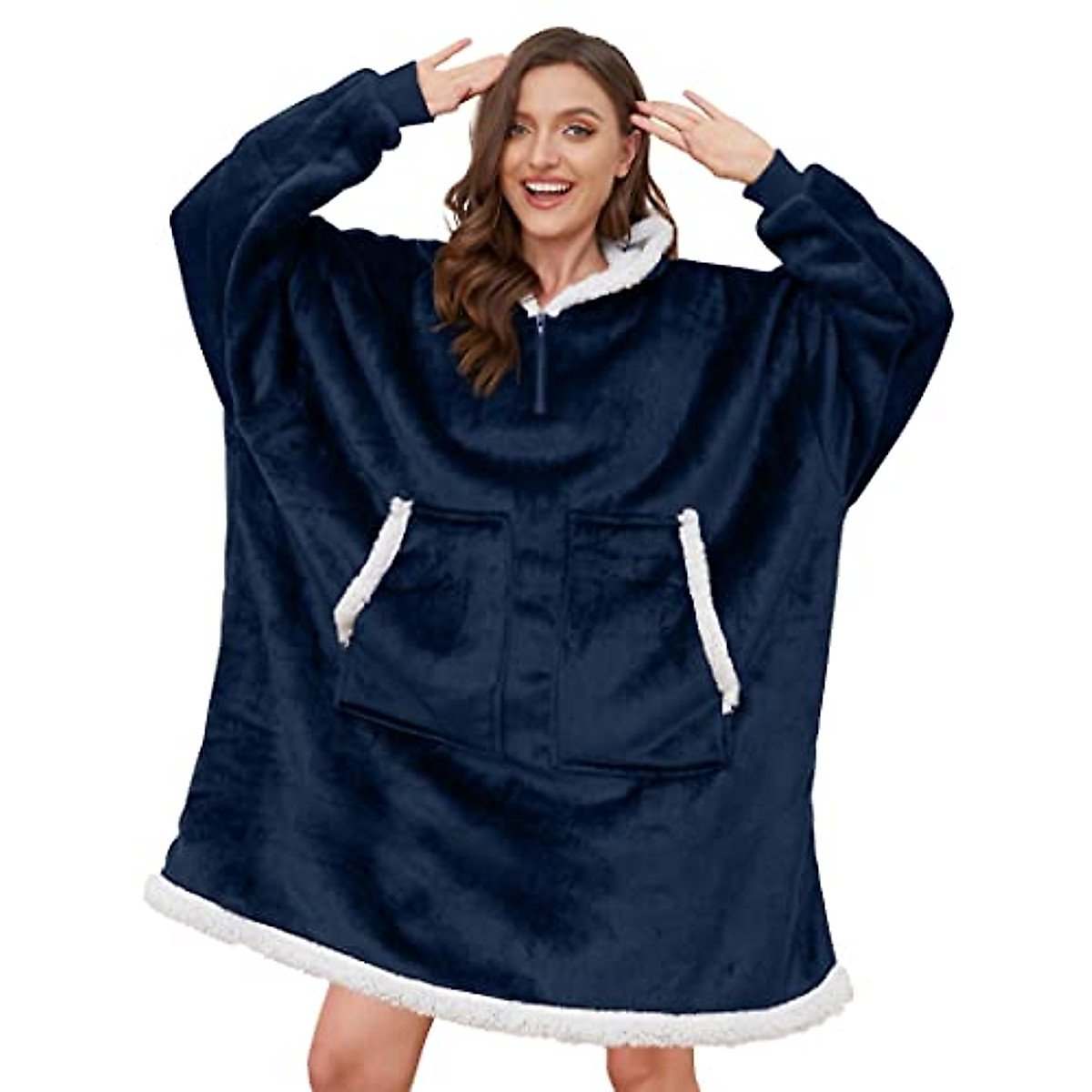 Lushforest Blanket hoodie, Oversized Wearable Blanket Hoodie Adult, Sherpa Fleece Hoodie Blanket Sweatshirt Throw with Zip for Women Men Dark Blue