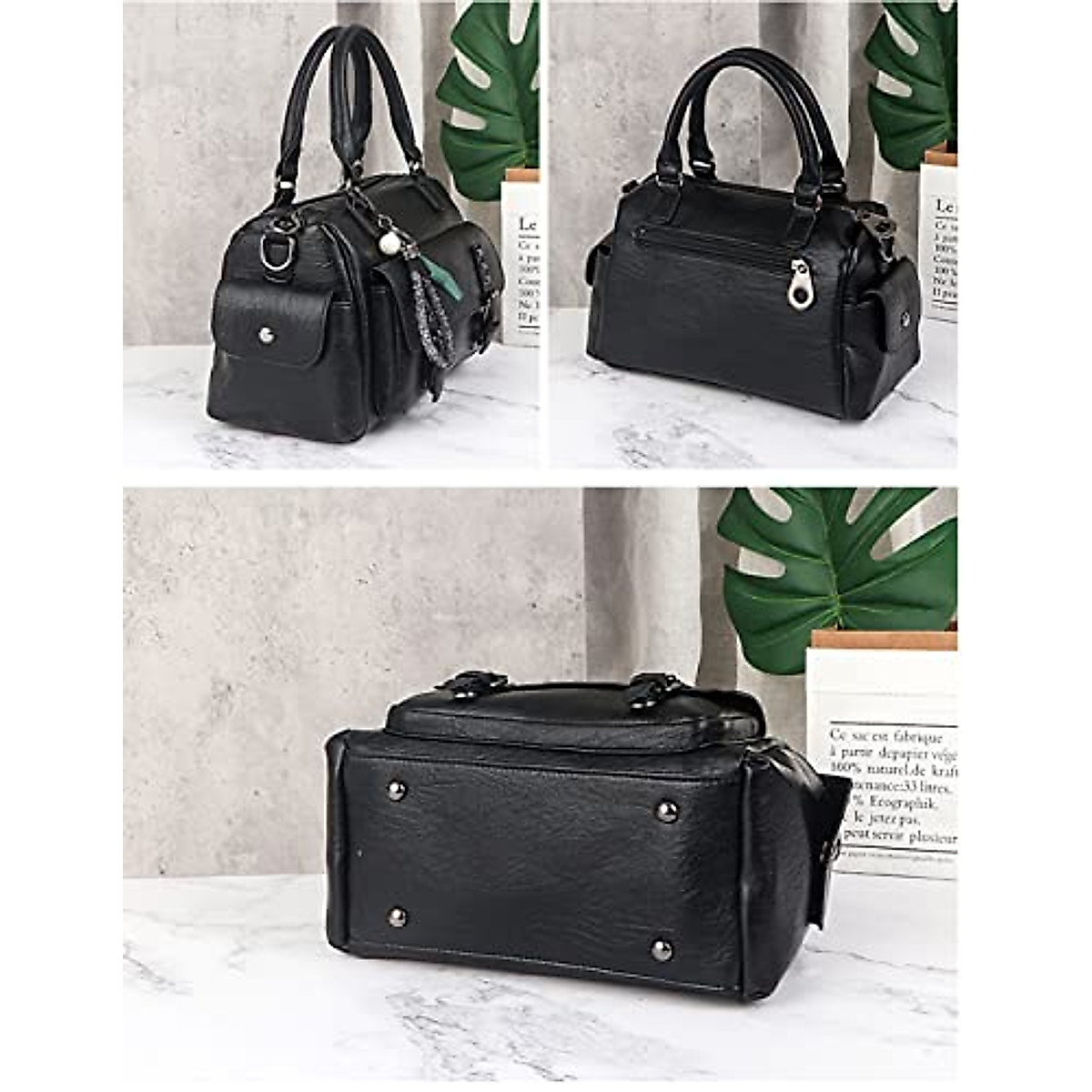 Fashion Satchel Handbags for Women Top Handle Crossbody Bag Casual Leather Shoulder Bag Work Ladies Tote Purse (Black)