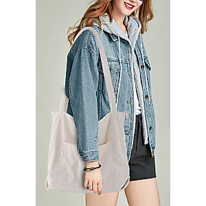 TCHH-DayUp Corduroy Tote Bags for Women with Zipper and Front Pocket Shoulder Handbags Casual Canvas Purse, Begie