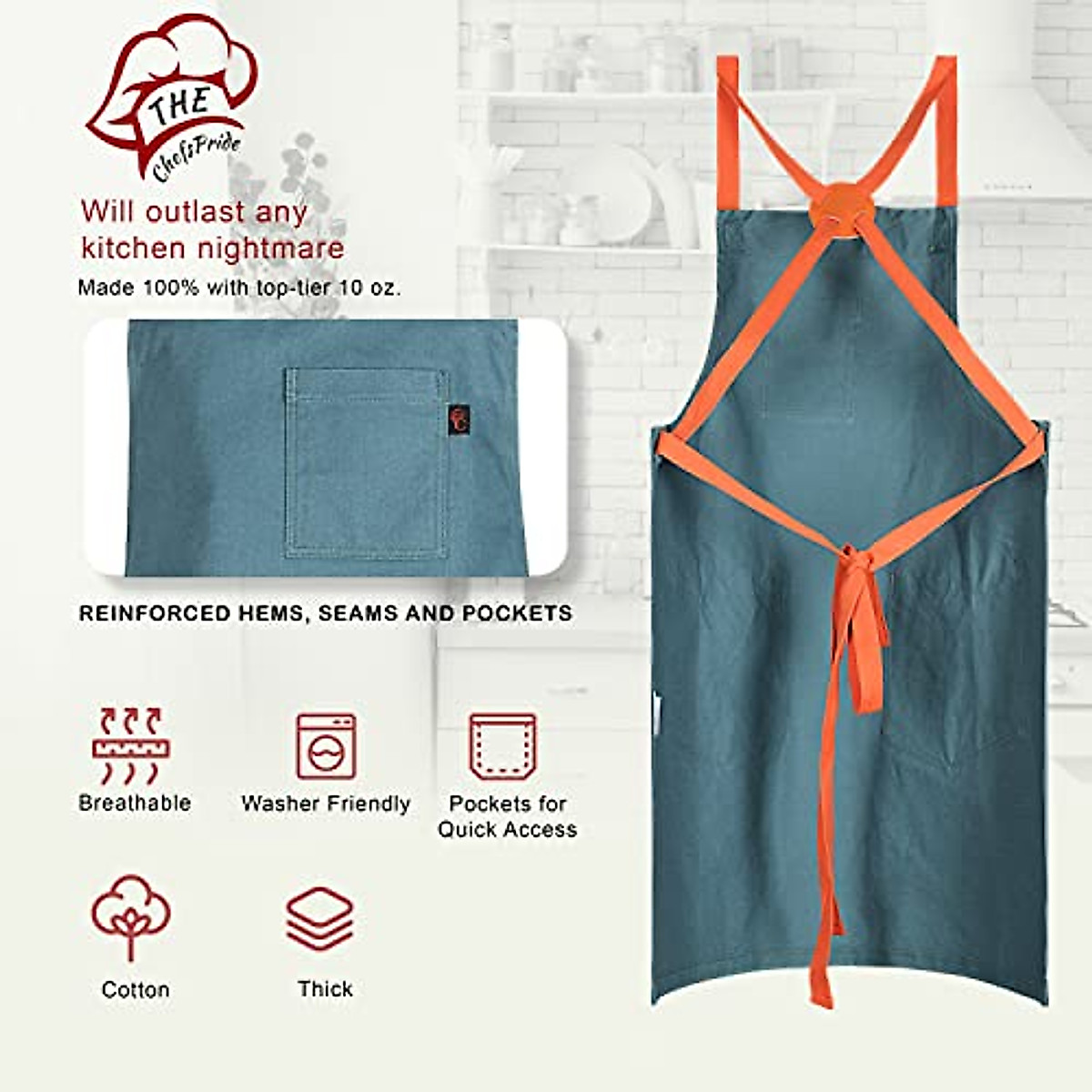 CHEFSPRIDE Professional Chef Apron for Men & Women - 100% Cotton Adjustable Kitchen Chef Apron with Cross Back & Tool Pockets, Emerald Green with Orange Straps