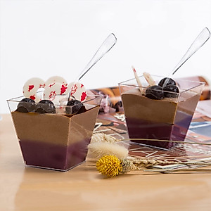 Lainrrew Dessert Cups, 50 Pack 7oz Clear Plastic Dessert Cups with Lids and Spoons Mini Square Tumbler Serving Cups Appetizer Parfait Cups for Party Tasting Mousse Pudding Yogurt