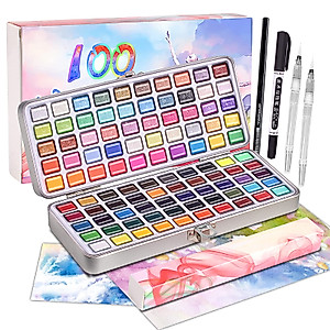 Gunsamg Watercolor Paint Set, 100 Colors Painting with Water Brush Pens, Professional Watercolor Paint Set for Kids, Adults, Art Supplies. 54 Premium Colors, 10 Fluorescent Colors, 36 Metallic Colors.