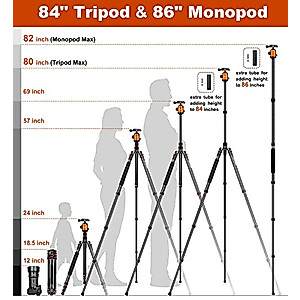 Camera Tripod, 80/84 inches Heavy Duty Tripod for Camera and Phone, 82" Camera Monopod Tripod, DSLR Binoculars Spotting Scope Camcorders Video Tripod Stand, 360 Degree Ball Head, 35 lbs Loads
