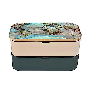 Cartoon World Map Adult Lunch Box, Bento Box, With Cutlery Set Of 3, 2 Compartments, Rectangular, Lunch Box For Adults