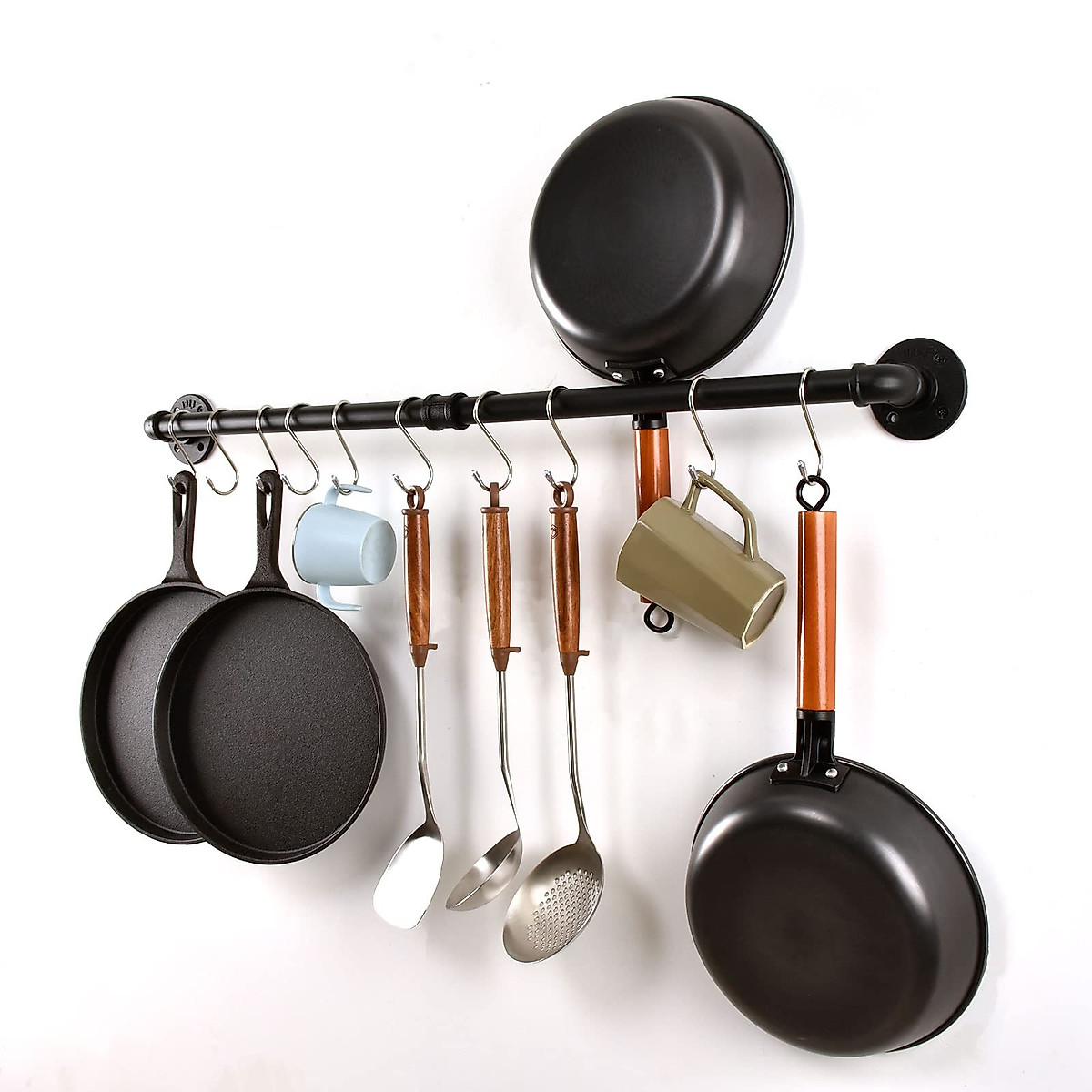 HOEMLIM Pipe Pot Pan Rack Wall Mounted Industrial Utensil Lid Holder Cookware Hanger Kitchen Organizer Hanging Bar Rail with S Hooks(36 inch,Black)