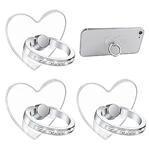 TIESOME Finger Kickstand Cell Phone Ring Holder, 3 Pcs Finger Ring Grip Stands 360° Rotation 180° Phone Ring Stand with Diamond Compatabile with Smartphones(Heart Shape)