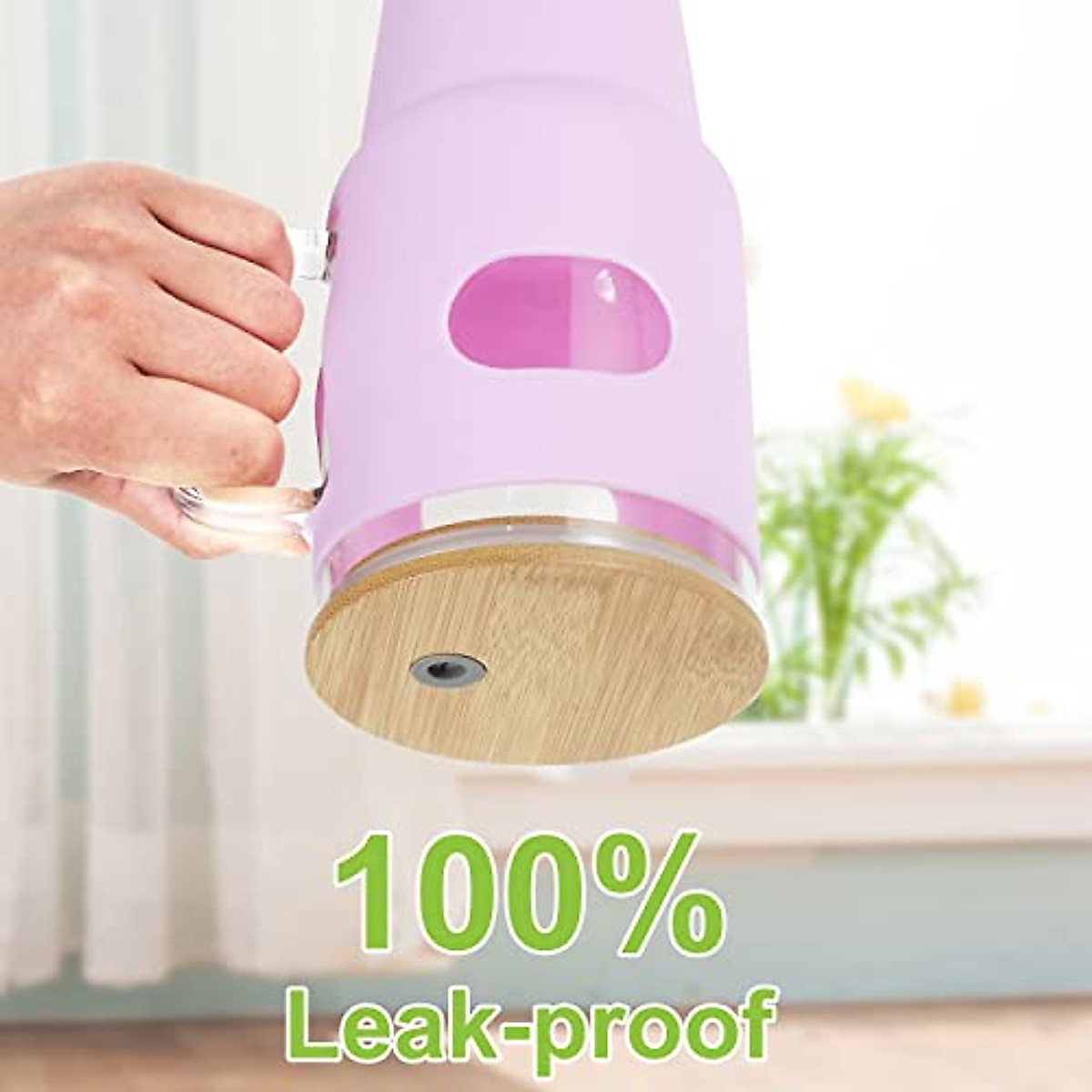 Glass Tumbler Cup with Silicone Sleeve, 32oz Water Bottle Tumbler w/ Bamboo Lid and Straw- Easy to Grip, Leakproof Glass Tumbler Mug Drinking Glass Cups, Dishwasher Safe for Travel Home Coffee (Pink)