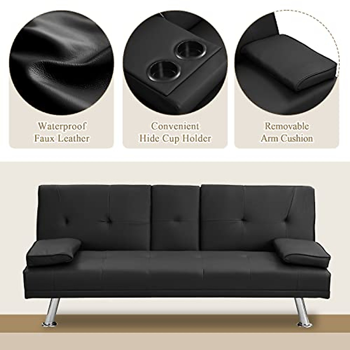 Antetek Futon Sofa Bed, Modern Convertible Upholstered Faux Leather Loveseat Sleeper Sofa Couch w/7 Adjustable Positions, Cup Holder for Living Room, Bedroom, Studio, Office, Black