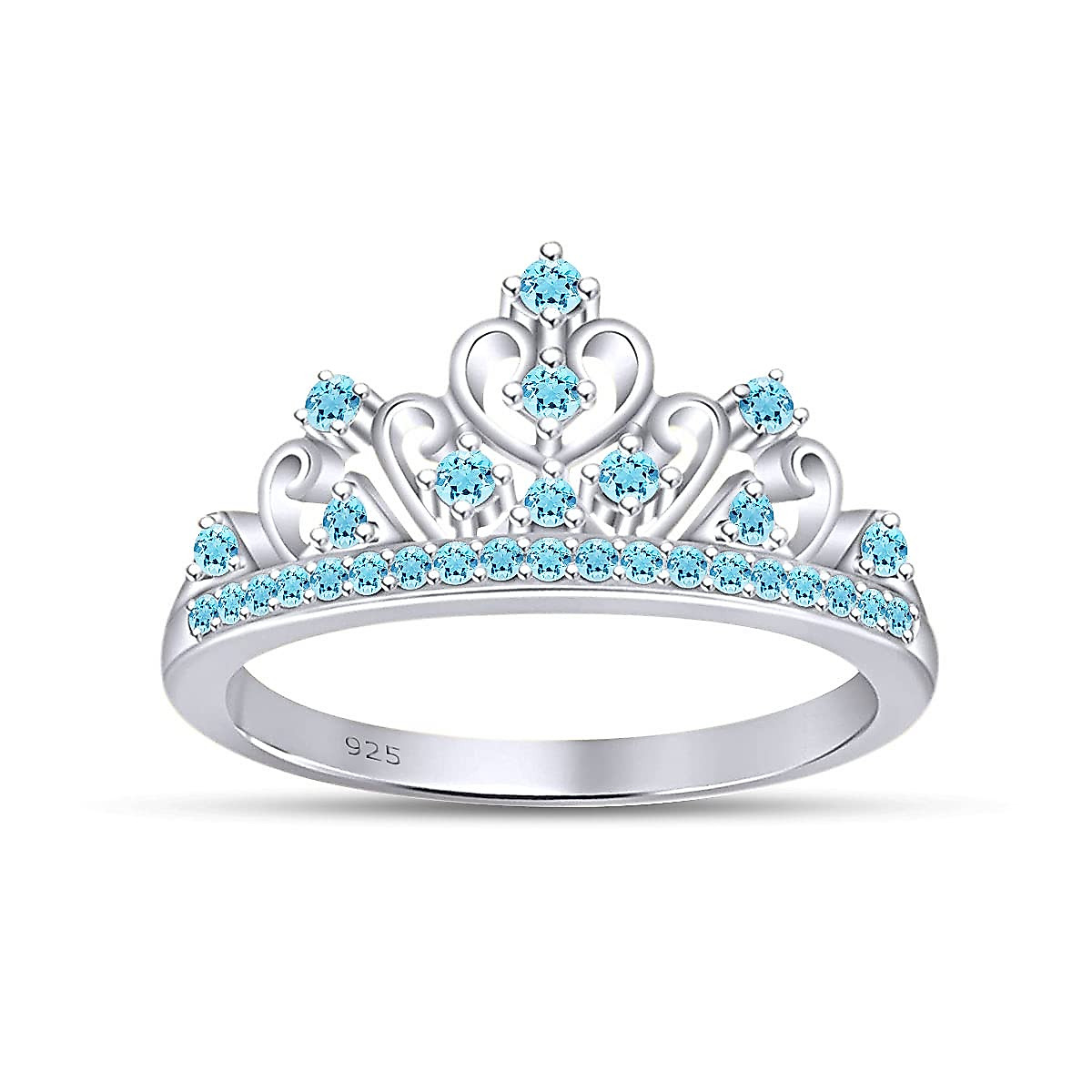 AFFY Round Cut Simulated Aquamarine Princess Crown Ring in 14k White Gold Over Sterling Silver