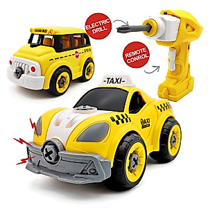 QUN FENG Take Apart Toys with Electric Drill|Remote Control Car 2 in 1 Construction Truck School Bus Taxi|Gift Toys for Boys 3,4,5,6,7 Year Olds|2.4G Stem Building Learning Toys