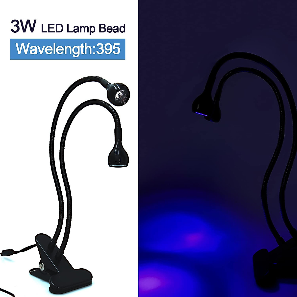 EUGOBRTEN 3W 395NM USB LED Black Light with Clamp, Flexible 360 Degree Gooseneck, Portable Adjustable Purple Lamp for Fluorescent Pattern, Background Light