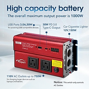 Inverter 1000W Car Power Inverters,12v DC to 110v AC Converter with Dual AC Outlets 3.0A USB and Type-C,12 Volt Inverter Car Cigarette Lighter Battery Inverter for Vehicles, Power Inversor 1000Watts