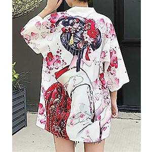 LAI MENG FIVE CATS Women's Floral Print Puff Sleeve Loose Blouse Japanese Kimono Cover up Casual Cute Tops