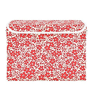 Kigai Small Red Flowers Storage Basket with Lid Collapsible Storage Bin Fabric Box Closet Organizer for Home Bedroom Office 1 Pack