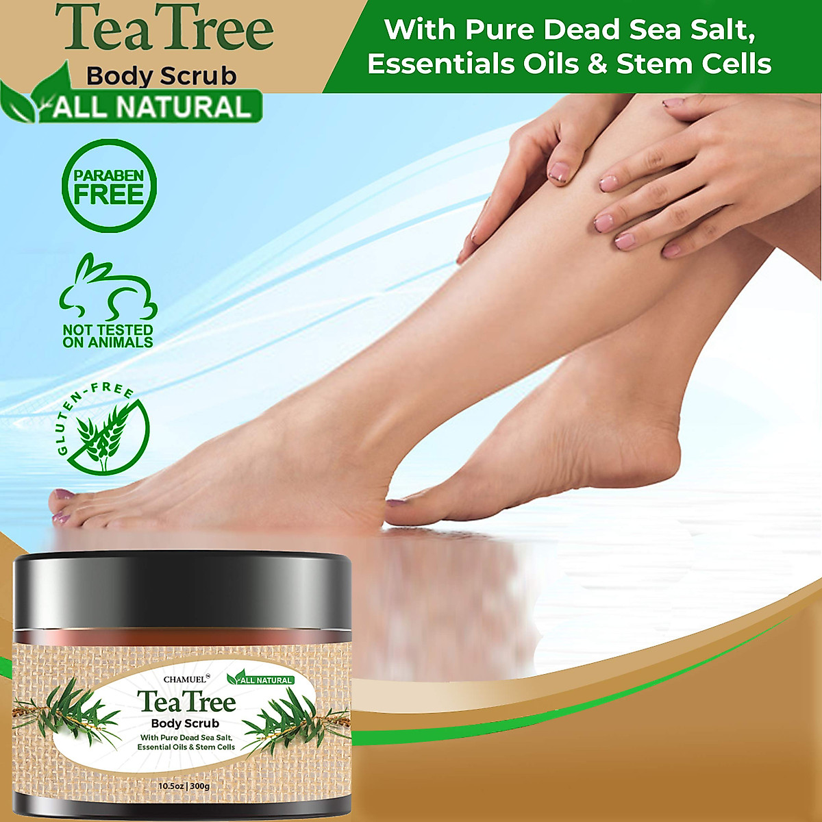 Chamuel Tea Tree Body & Foot Scrub - 100% Natural Exfoliating Body Scrub with Dead Sea Salt, Plant-based Stem Cells, Ginger & Essential Oils– Rejuvenates & Soothes Dead & Dry Skin (15.1oz)