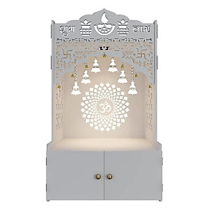 Homscape Divine Wooden Temple for Serenity with Spacious Shelf & Inbuilt Focus Light - White Color