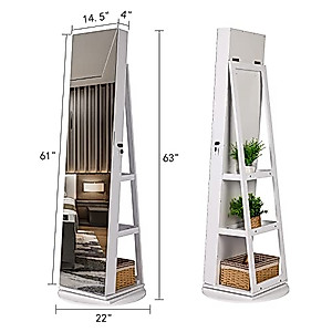 HNEBC LED Light Jewelry Storage Organizer, Armoire with Door Mirror 360° Rotating, Full Length Cabinet, ,Large Jewelry Boxes & Organizers（A White）