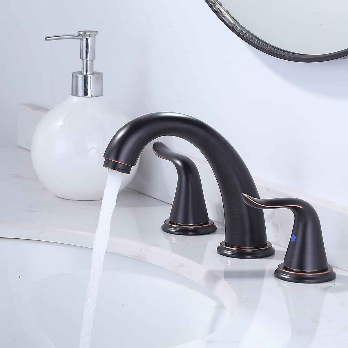 WOWOW Widespread Bathroom Faucet Oiled Rubbed Bronze Bathroom Sink Faucet 3 Hole Vanity Faucet 2 Handle Basin Faucet 8 Inch Mixer Tap with Pop Up Drain and Supply Hose