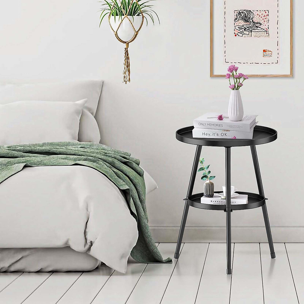 Round Metal Side Table, Small End Table for Indoor Outdoor, Mid Century Modern Decor, Black