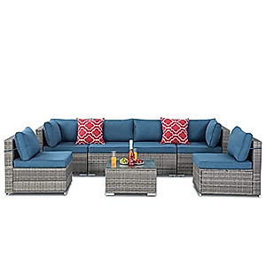 VONZOY 7 Pieces Patio Furniture Set, Outdoor Sectional Sofa Couch, Grey Wicker Rattan Patio Conversation Set with Cushions and Table (Blue)