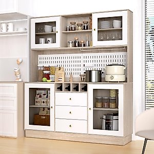 VOWNER Kitchen Hutch Cabinet, Pantry Cabinet, Freestanding Buffet Hutch with Pegboard, Cup Holder, Power Outlet, 4 Doors & 3 Drawers, Cupboard with Microwave Shelf & Wine Racks (Wood Color and White)