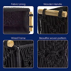 AuldHome Boho Farmhouse Macrame Baskets (Set of 2, Black); Decorative Storage Bins for Home and Office
