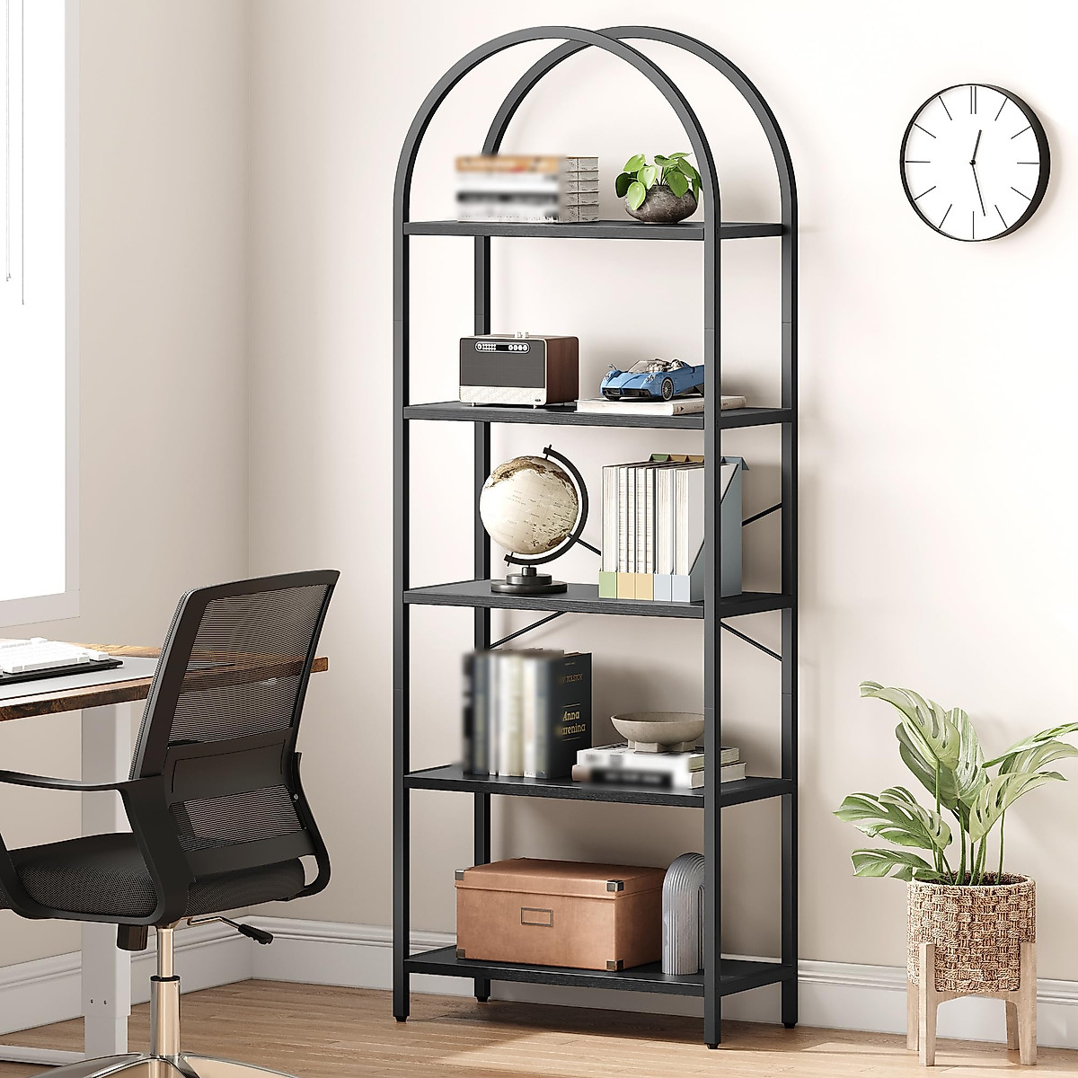 Arched Bookshelf, 5-Tier Open Bookshelf, Modern Bookcase Storage Shelves with Metal Frame, Freestanding Display Rack Tall Shelving Unit for Bedroom, Living Room, Home Office Black Frame + Black Board