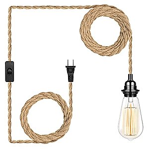 Plug in Hanging Light Fixture, 15FT Pendant Lamp Lights Cord with Switch Cord E26 Bulbs Socket, Industrial DIY Twisted Hemp Rope Overhead Lamps for Farmhouse Bedroom Home Lighting Decors