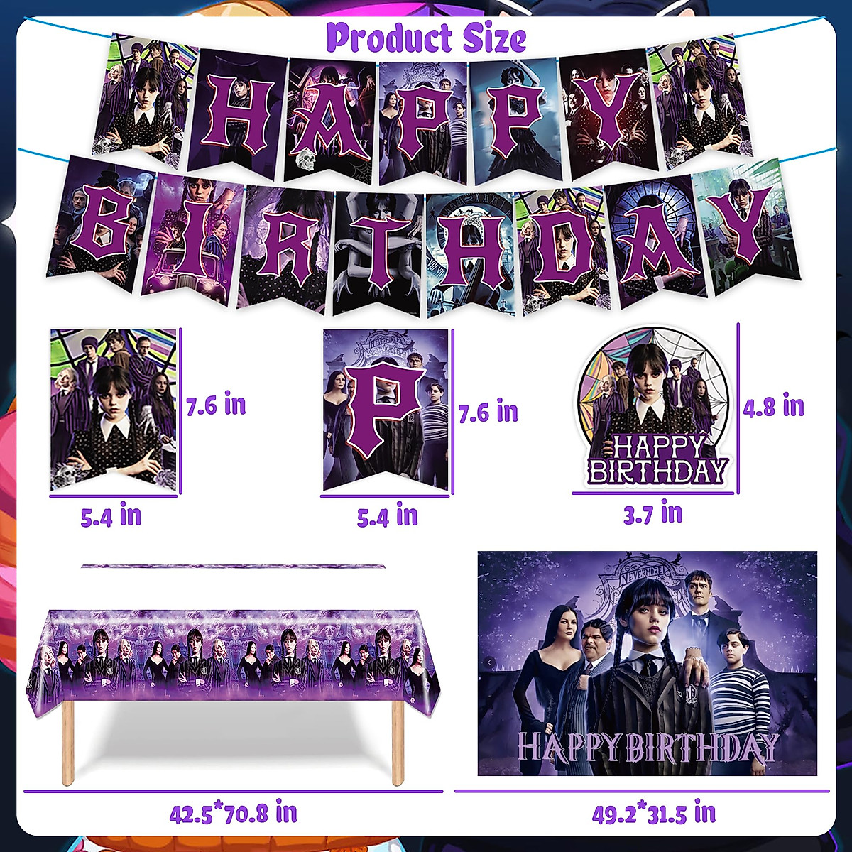 Wednesday Inspire Birthday Party Decorations, Wednesday Inspire Party Supplies Set Include Banner, Backdrop, Foil Latex Balloons, Tablecloth, Cake Toppers, Tableware, Wednesday Inspire Party Favors