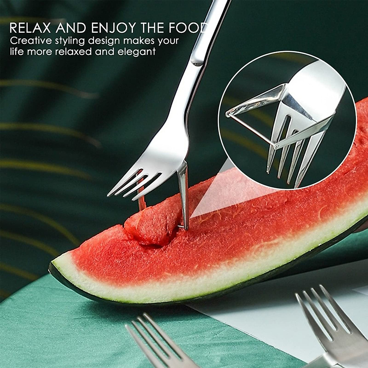 2 in 1 Fruit Fork, Stainless Steel Watermelon Fork Slicer, Durable Watermelon Forks, Fruit Knife Cutting Tool, for Kitchen Party Camping, Sliver