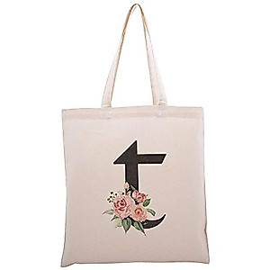 Personalized Floral Initial Cotton Canvas Tote Bag for Events Bachelorette Party Baby Shower Bridal Shower Bridesmaid Christmas Gift Bag | Daily Use | Totes for Yoga, Pilates, Gym, Workout | Initial T