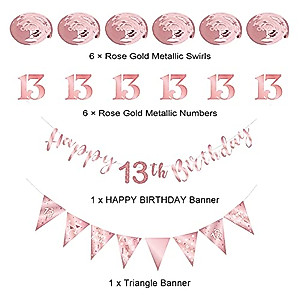 Rose Gold 13th Birthday Decoration for Girls, Happy 13th Birthday Banner Bunting Swirls, Triangle Flag Banner for 13 Birthday Party Decorations Supplies